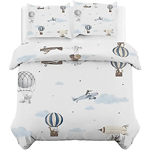 BIAFRA hot air Balloon Duvet Cover Twin Small Airplane Printed Bedding Set 3 Pieces Reversible Design Soft Microfiber Comforter Cover with Zipper Closure and 2 Pillowcases