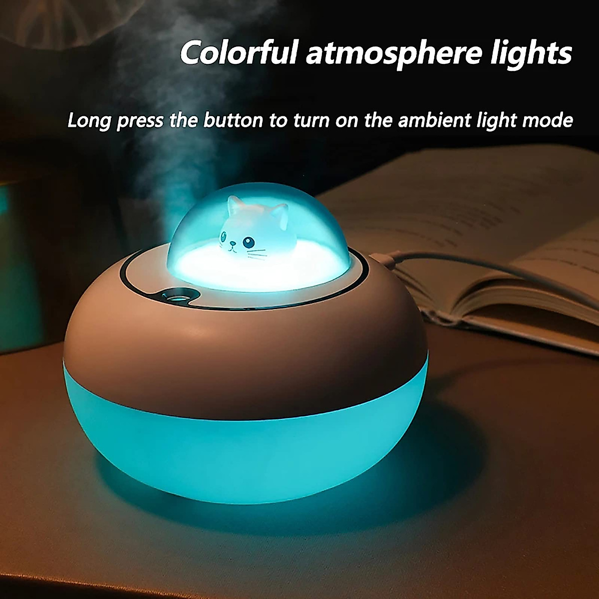 400ML household humidifier, night light cold fog humidifier, automatic timing off, automatic shutdown without water, whisper silent air humidifier, cute kitten, plant, office (Purple)