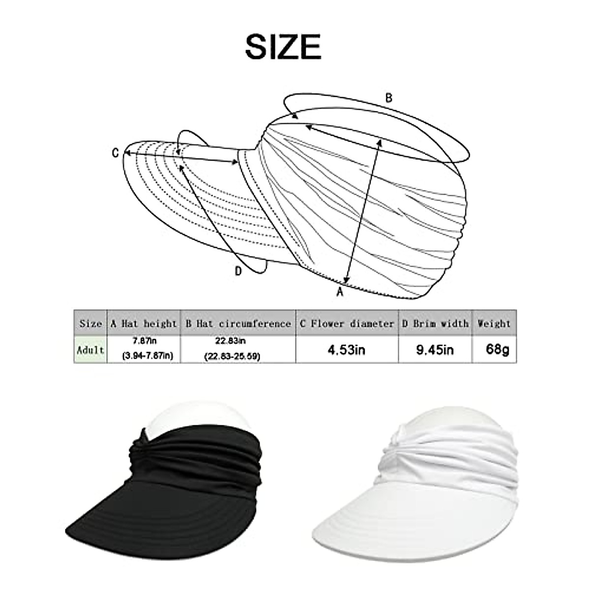 Sun Visor Ponytail Hat for Women Packable Wide Brim Summer Hat with Uv Protection for Sports Golf Tennis Running Black