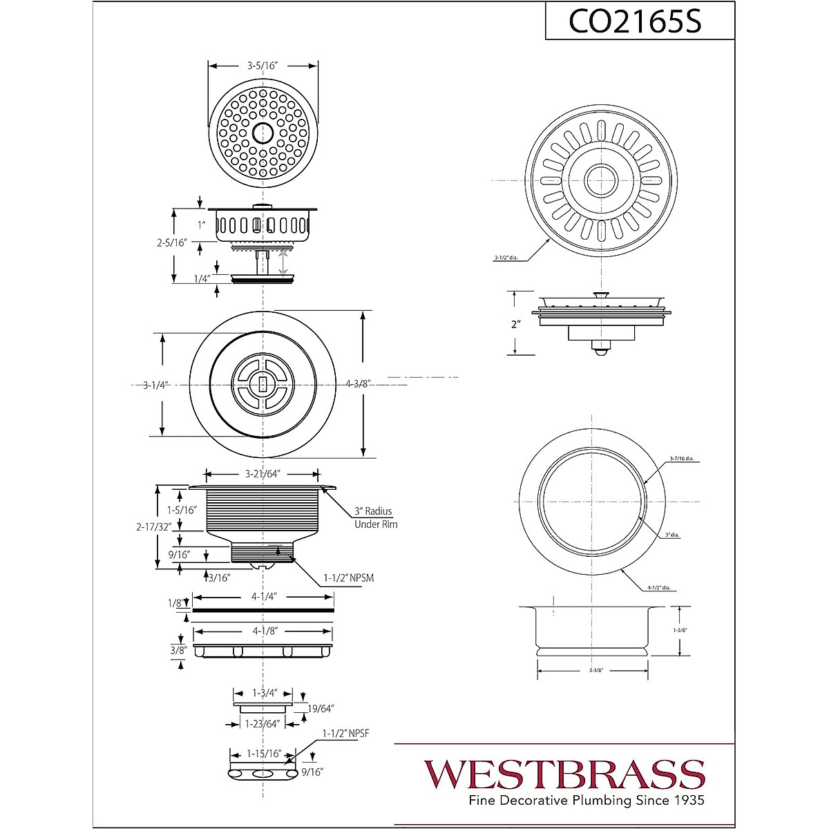 Westbrass CO2165S-50 Combo Pack 3-1/2" Post Style Large Kitchen Sink Waste Disposal Drain Flange with Basket Strainer, 1-Pack, Powder Coate White
