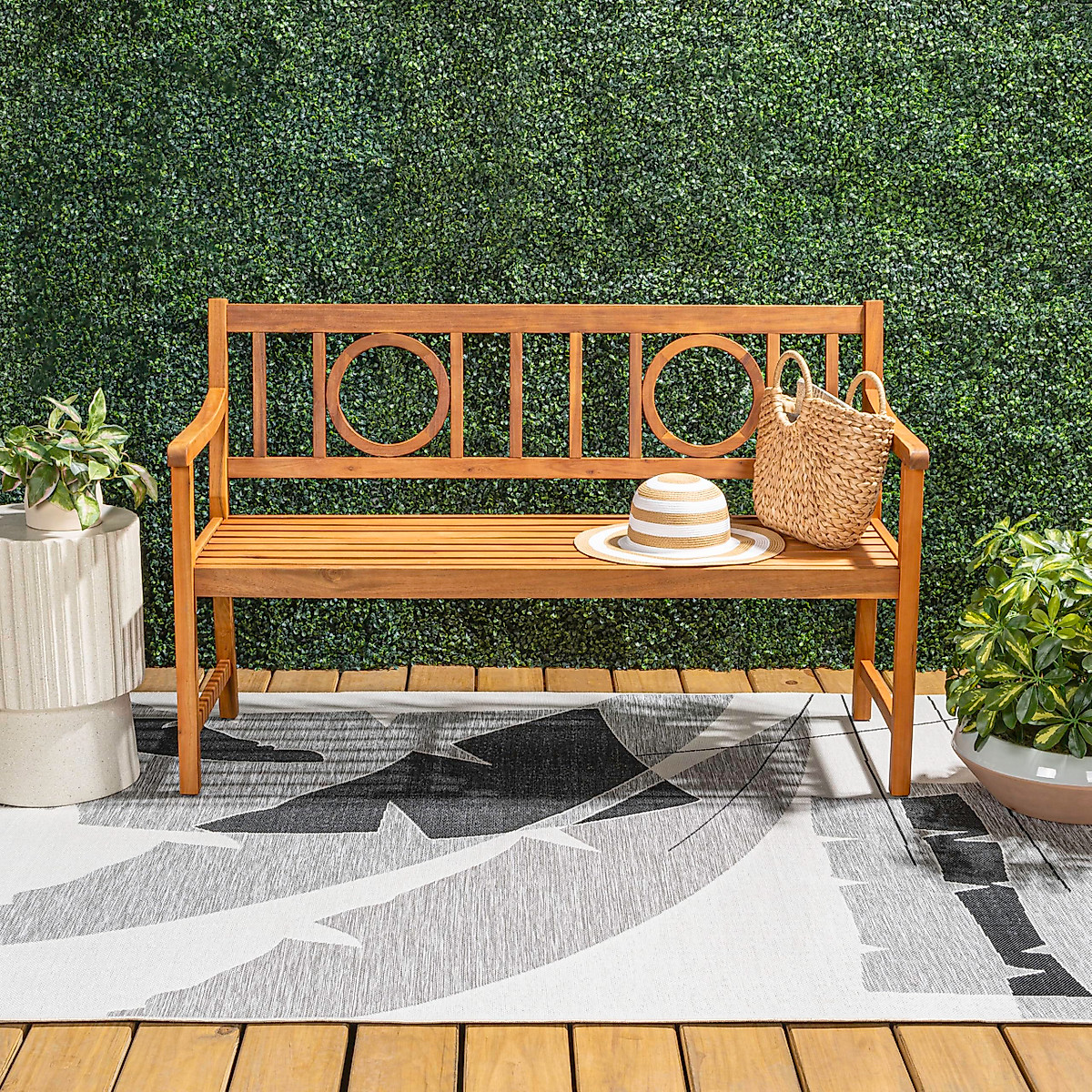 JONATHAN Y BNH104A Apollo 51.2" 3-Seat Circle-Back 600-Lbs Support Acacia Wood Outdoor Garden Patio Bench for Garden, Lawn, Backyard, Pool, Deck, Beach, Firepit, Teak