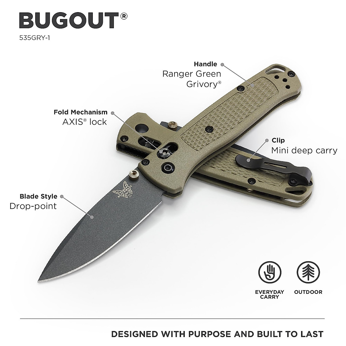 Benchmade - Bugout 535 EDC Knife with Ranger Green Grivory Handle (535GRY-1)