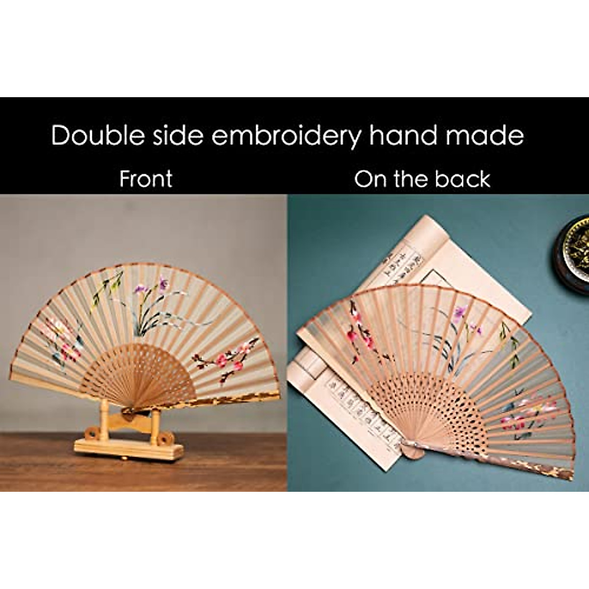 HangErFeng Folding Fan Vintage Hand Fans for Women Silk Double-side Handmade Embroidery Bamboo Fan 50 Pink