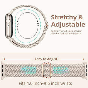 DaQin 4 Pack Braided Solo Loop Compatible with Apple Watch Band 38mm 40mm 41mm Women Men, Adjustable Stretchy Band Elastic Nylon Sport Wristbands for iWatch Series 9 8 7 6 5 4 3 2 1 SE Ultra/Ultra 2