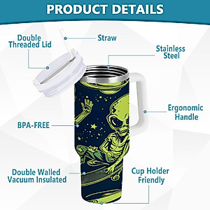 Nesatuwa 40 oz Cute Aliens Tumbler with Handle and Straw Lid,Reusable Stainless Steel Vacuum Insulated Tumbler Leakproof Travel Coffee Mug for Iced and Hot Beverages