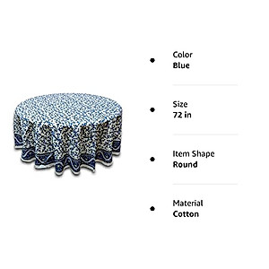 India Arts Hand Block Print Floral Tablecloth Round Cotton Table Linen Beach Sheet Beach Throw (Blue, Round 72 inches)