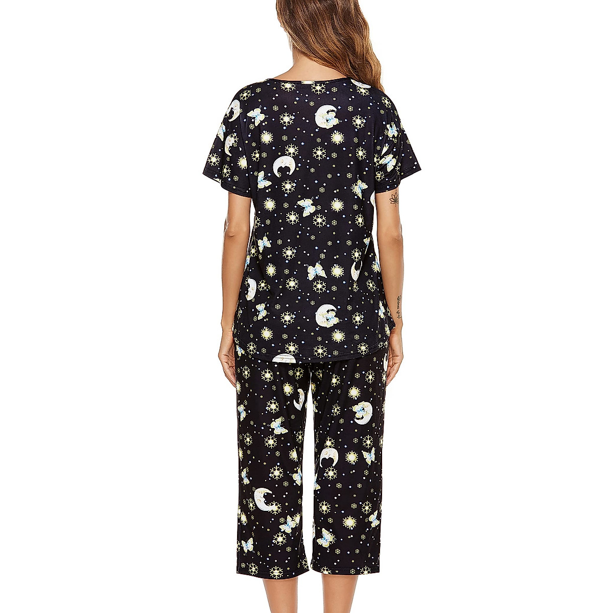 LOCUBE Women's Pajama Sets Lounge Wear Set Short Sleeve Tops and Cropped Pants Pj (Black, Large)