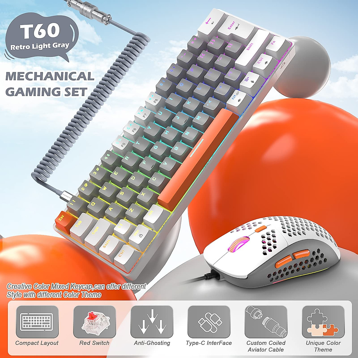 ZIYOU LANG RK-T60 Wired Mechanical Gaming Keyboard and Mouse Combo Portable with Rainbow Backlit 62Key NKRO 6400DPI RGB Honeycomb Mice Coiled Aviator Cable for PS4/PC/WIN Gamer(Light Gray/Red Switch)