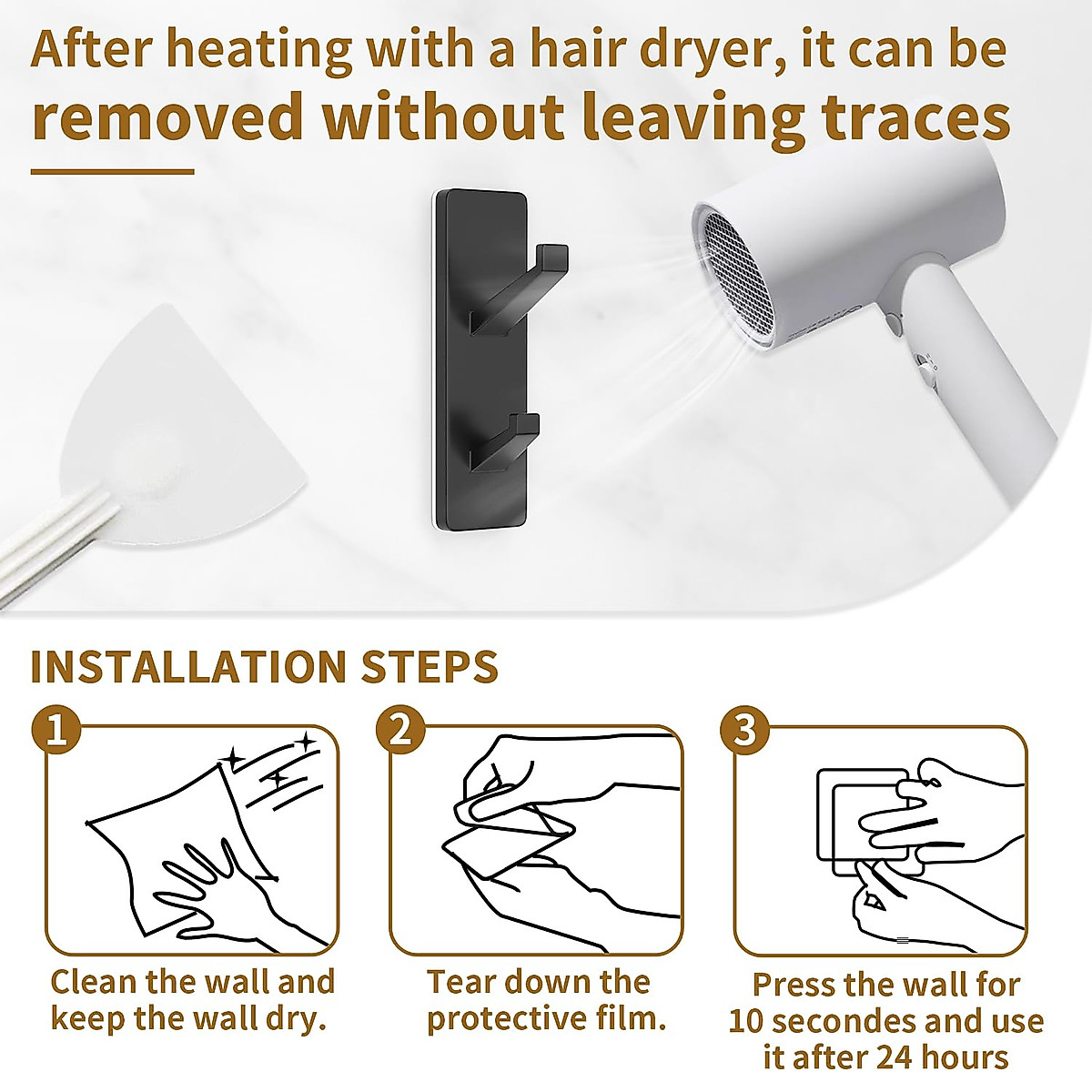 Self Adhesive Wall Hooks for Hanging: Stick-On Hooks Hold 13 LB, Black Coat Hook,Towel Hooks For Bathrooms,Shower Hooks for Wall,Door Hooks Hanging Towel, Kitchen Hook,Metal hooks for hanging,4 Pack