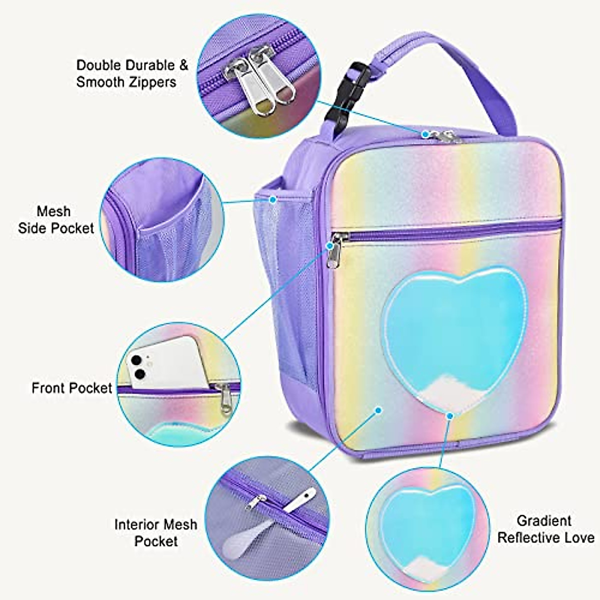 Samhe Lunch Box for Girls Kids, Insulated Rainbow Tote Bag Leakproof Thermal Cooler Reusable Lunch Bag for School Office Outdoor (Purple)