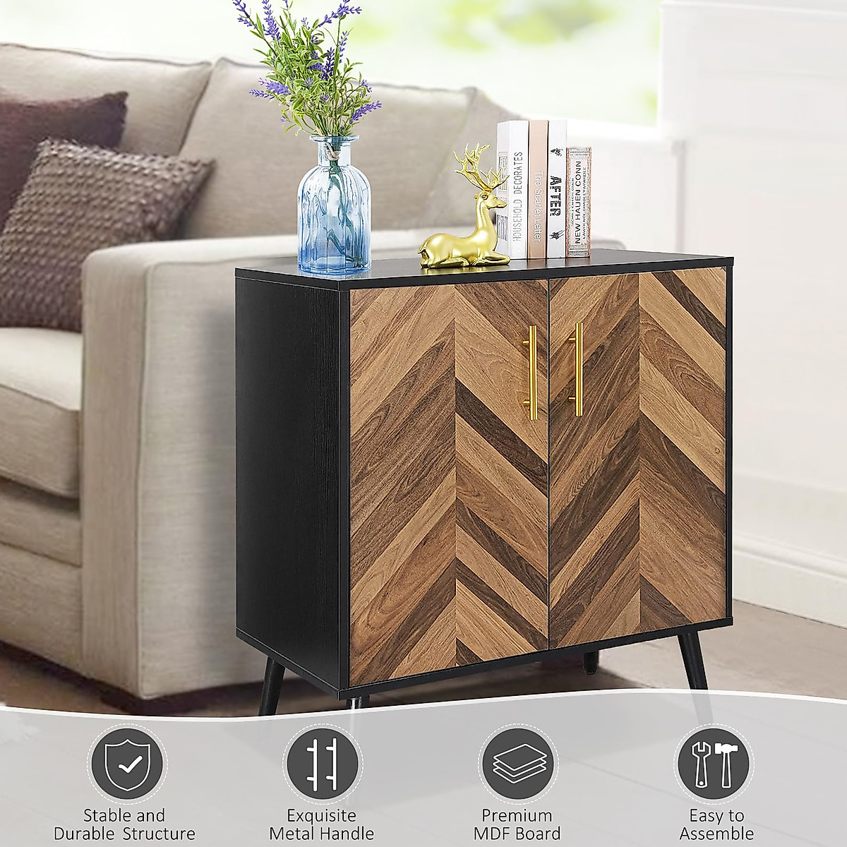 AMZOOM Accent Cabinet, Black Storage Cabinet with Doors Mid Century Modern Sideboard Buffet Cabinet with Storage Shelves Small Wood Accent Cabinets for Living Room Entryway Office, Brown Herringbone