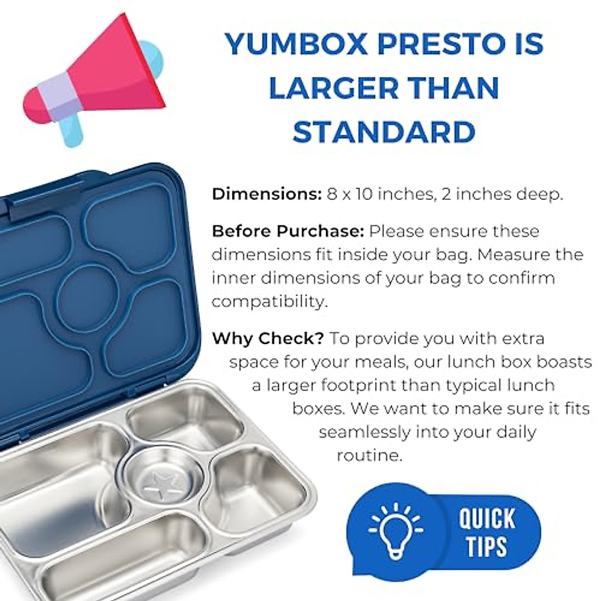 Yumbox® Presto Leakproof Stainless Steel Bento Box (Santa Fe Blue) 4 compartments plus treat well, Lightweight, Premium Durable Materials, Silicone seal, Stainless Steel Tray, Easy open Latch