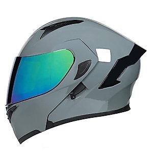 Woljay Full Face Flip Up Motorcycle Modular Helmet Integrated Motorbike Dual Visor for Adults Men Women Moped Street Racing DOT Approved (Medium, Grey-Multicolor Visor)