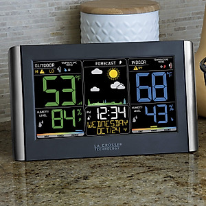 La Crosse Technology Weather Station with Customizable Alerts, Weather Forecast, Temperature, Dew Point, Humidity, Time, Heat Index, Large Display, Adjustable Brightness, Wireless, Black, C85845-INT