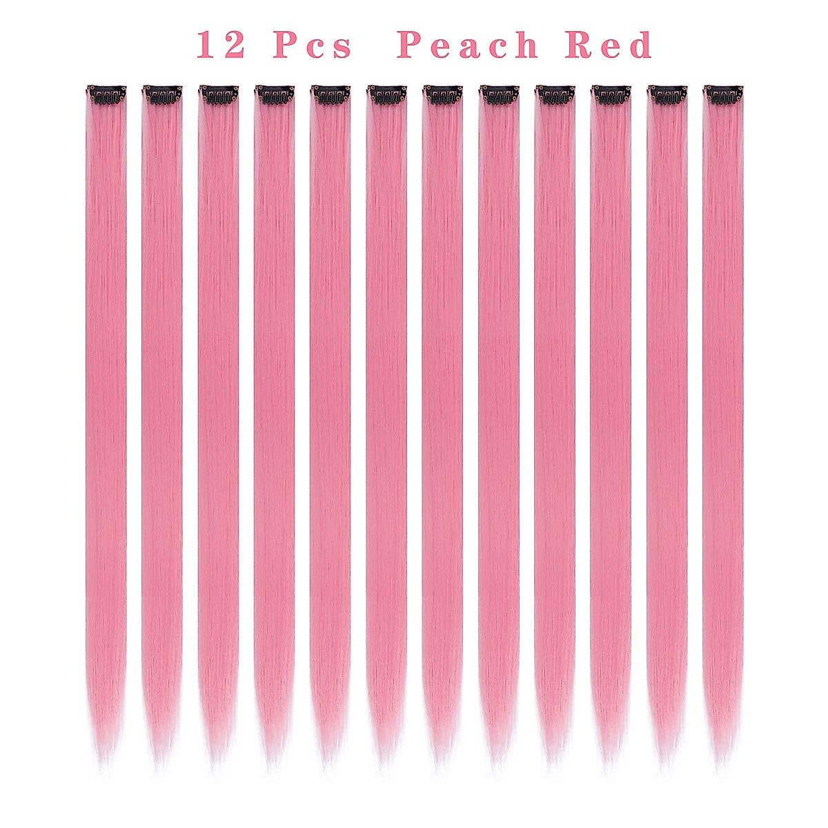 12PCS Colored Pink Hair Extensions Party Highlights Colorful Clip in Hair Extensions 22 Inch Straight Synthetic Hairpieces for Women Kids Girls Halloween Christmas Cosplay(Pink)