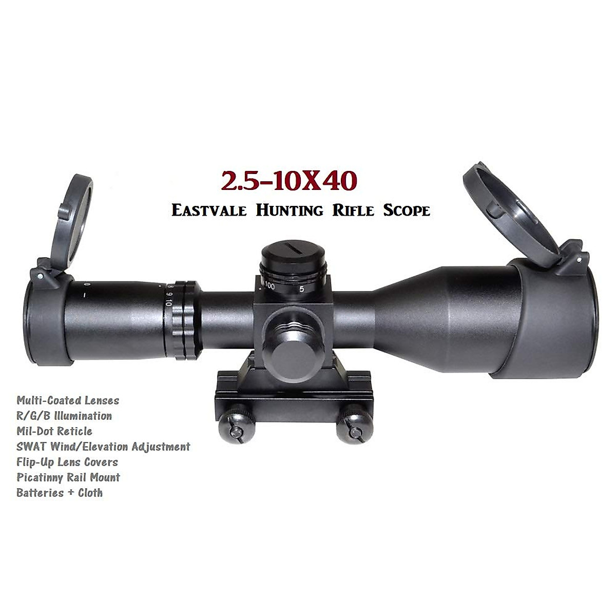 Eastvale 2.5-10X40 Compact Rifle Scope with Illuminated Red, Green, Blue Mil-Dot Reticle Including Quick Detach Picatinny Mount