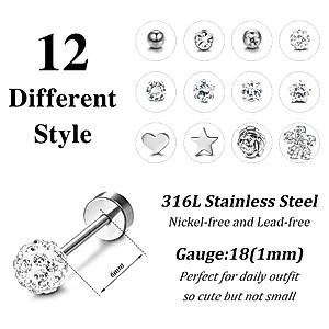 LOLIAS 12 Pairs 18G Barbell Stud Earrings for Men Women Stainless Steel Ball CZ Cartilage Helix Surgical Flatback Earrings Set