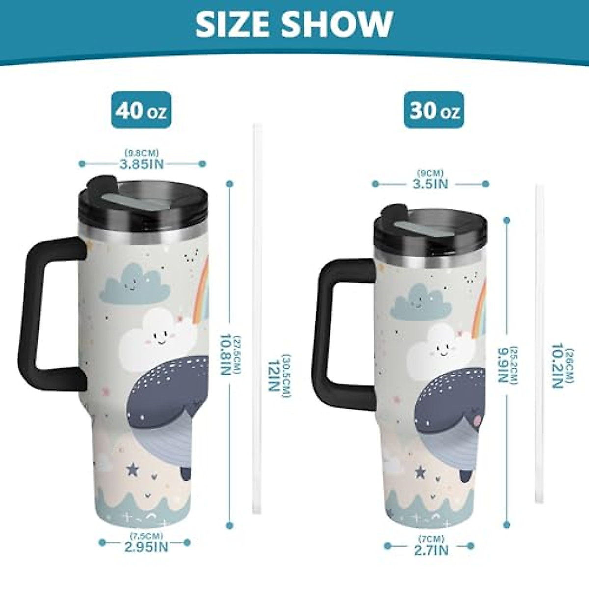 FRCSDIY Rainbow Whale Insulated Tumbler with Handle and Straw Lid,40oz Leakproof Stainless Steel Cup BPA-Free Water Bottle