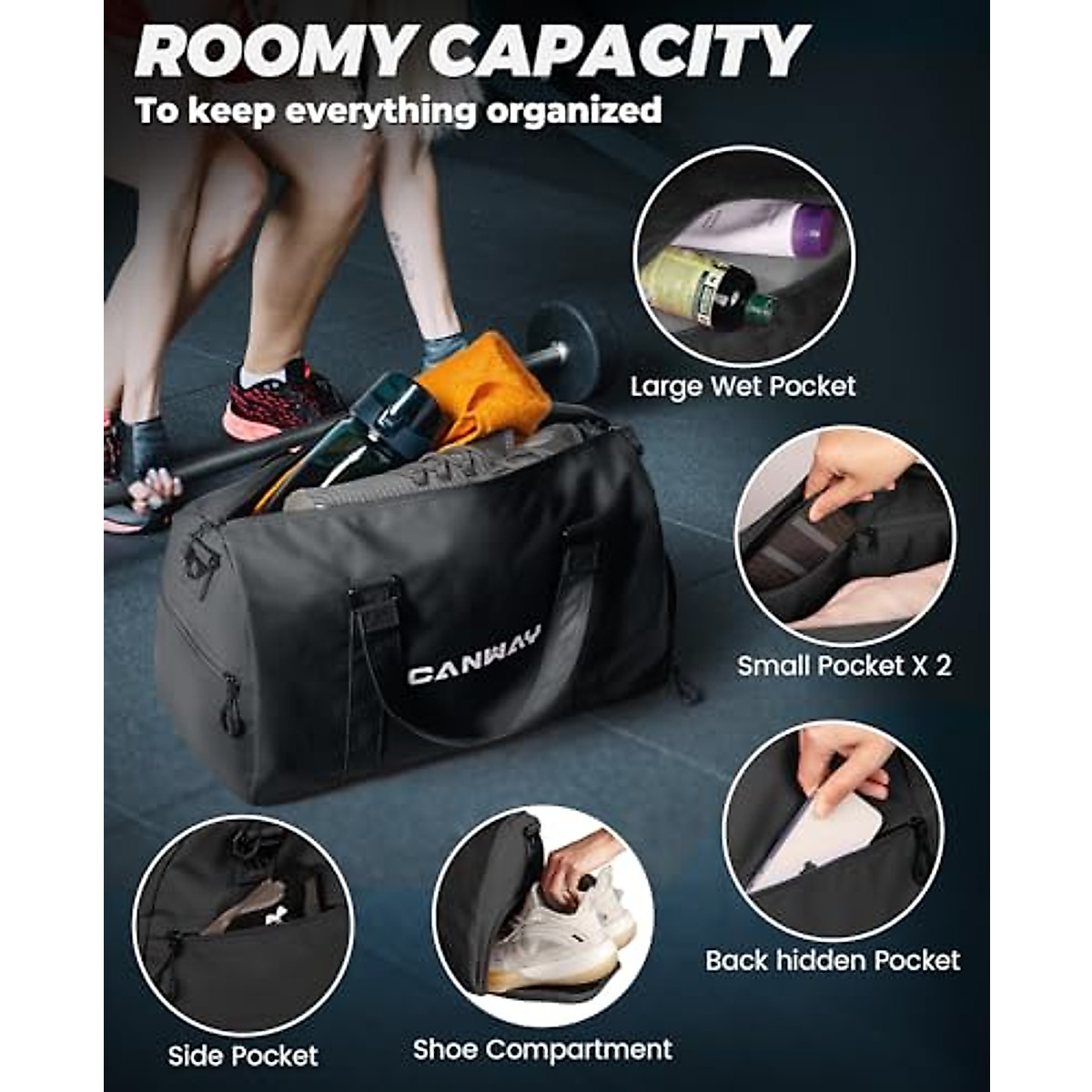Canway Sports Gym Bag, Travel Duffel bag with Wet Pocket & Shoes Compartment for men women, 45L, Lightweight (Black-40L)