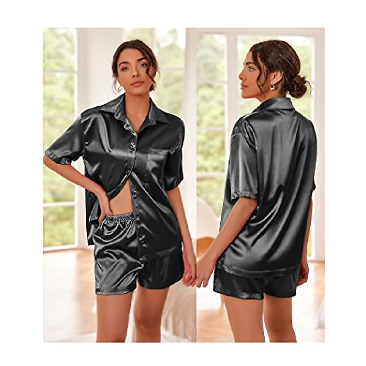 Ekouaer Satin Pajamas for Women Soft Short Sleeve Nightwear Button Down Pjs with Shorts Summer Silk 2 Piece Set Black,Medium