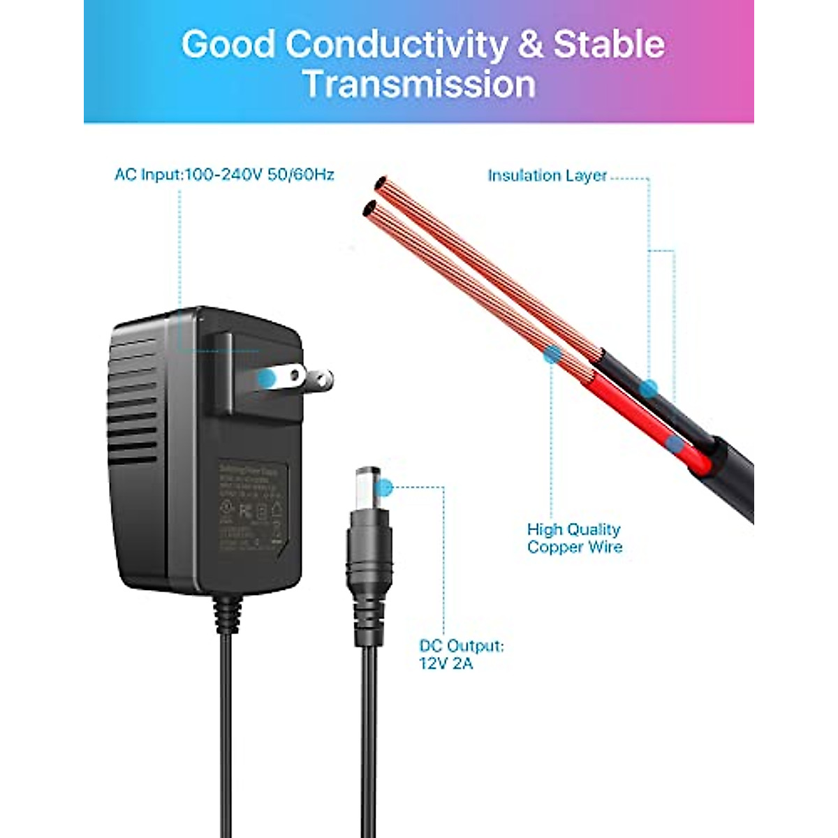 ZOSI DC 12V 2A 2000MA US CCTV Power Supply Adapter for Home Security Camera Surveillance System