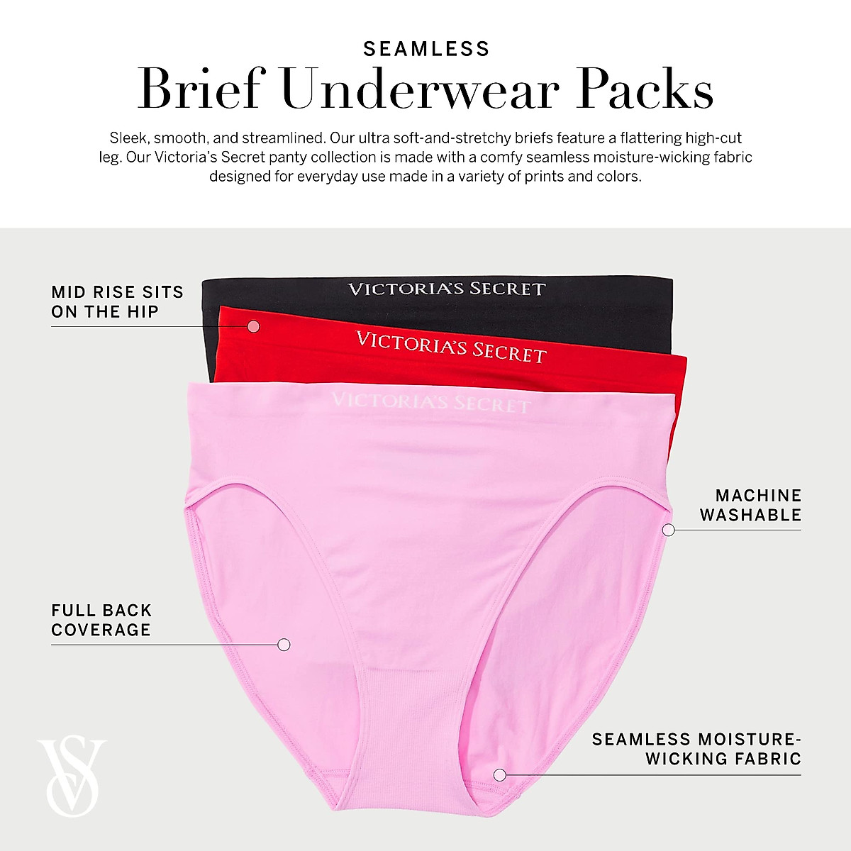 Victoria's Secret Seamless Brief Panty Pack, High Leg Cut, Underwear for Women, 7 Pack, Solids & Polka Dots (XL)