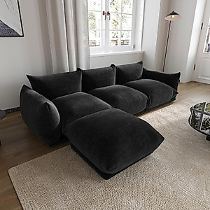 JACH103 L-Shaped Sectional Sofa, Minimalist Chenille Modular Sofas Couches, Luxury Modern 4-Seat Couch Sectionals with Reversible Chaise Ottoman for Living Room Bedroom Office Apartment (Black)