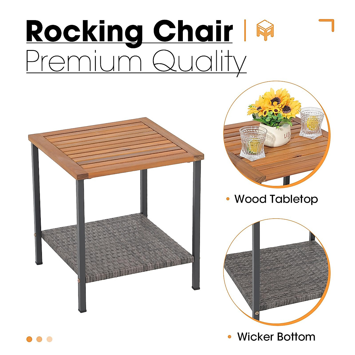 OC Orange-Casual 3 Piece Outdoor Rocking Bistro Set, Patio Wicker Furniture Conversation Set Chairs with Coffee Table and Cushion for Garden, Yard, Porch, Balcony,Grey