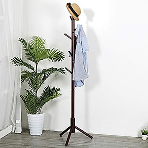 Vlush Sturdy Wooden Coat Rack Stand, Entryway Hall Tree Coat Tree with Solid Base for Hat,Clothes,Purse,Scarves,Handbags,Umbrella-(8 Hooks,Brown)