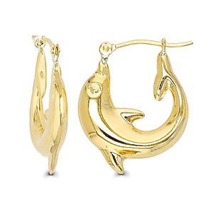 14K Yellow Gold 3mm Thick High Polished Dolphin Hoop Earrings For Women | 3x20mm Solid Gold Hoops For Women