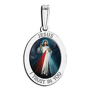 PicturesOnGold.com Divine Mercy Double Sided Oval Religious Medal Color 2/3 X 3/4 Inch Size of Nickel, Sterling Silver