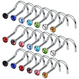 cnomg 20 pieces 316L Stainless Steel Rhinestone Nose Stud Rings Body Piercing- 10 Mixed Color 2.2 MM