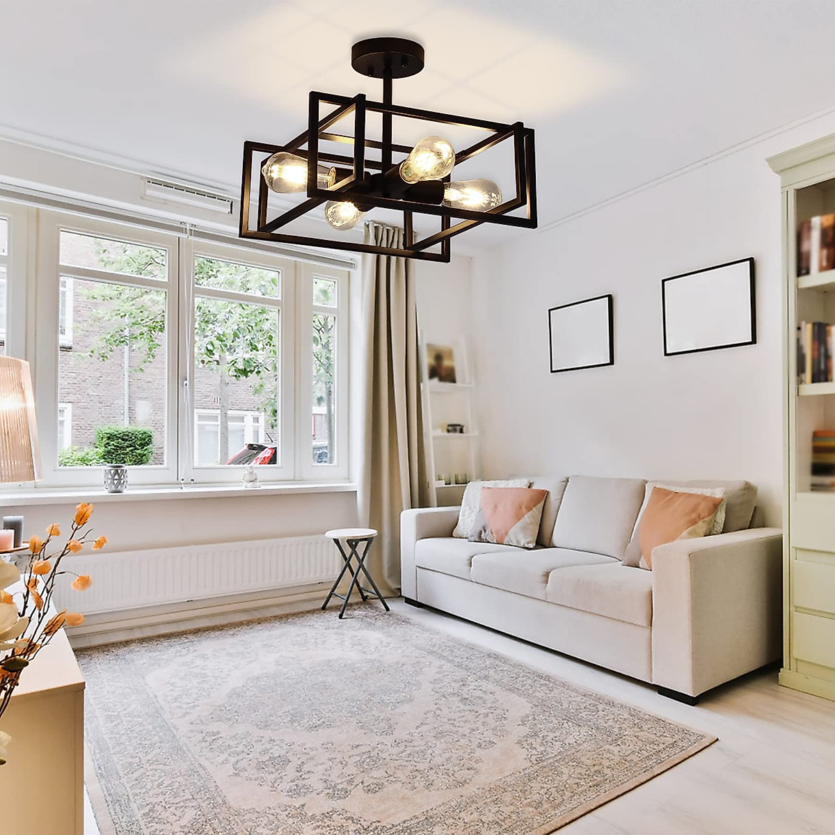 Minyuco Black Ceiling Light Fixtures - 4-Light Industrial Farmhouse Flush Mount Ceiling Lighting,Vintage Metal Chandelier Ceiling Lamp for Kitchen Living Room Bedroom Hallway Laundry Entryway