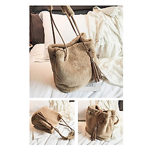 Ulisty Women Winter Faux Fur Shoulder Bag Plush Handbag Fluffy Bucket Bag Tassel Crossbody Bag khaki