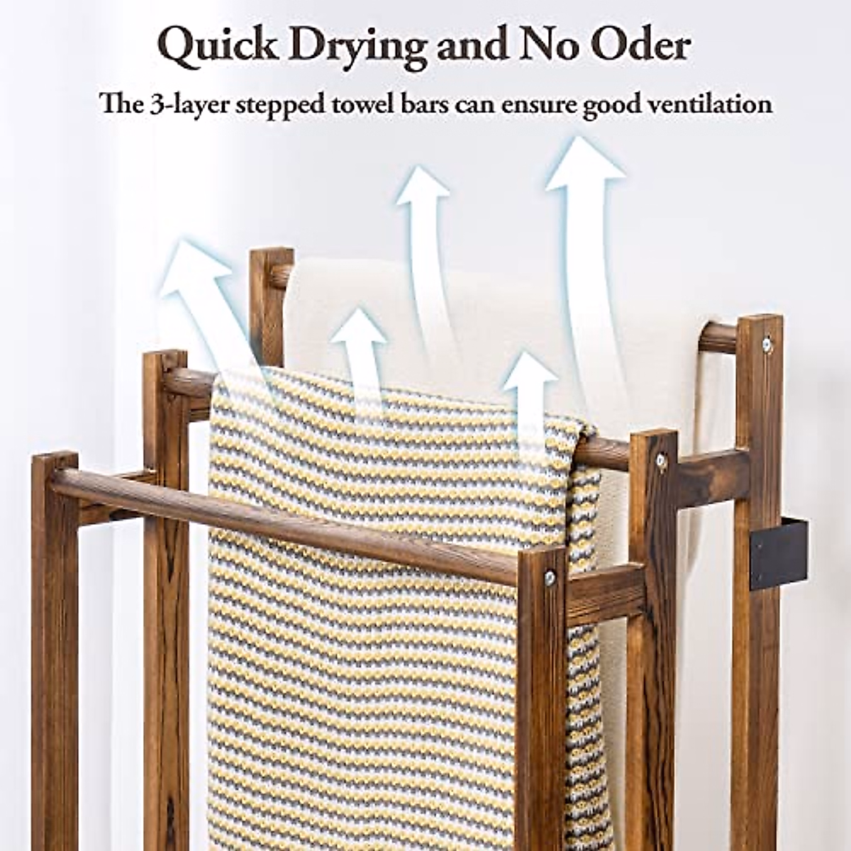 MyGift 3 Tier Freestanding Towel Rack - Rustic Dark Brown Wood Bathroom Towel Drying Stand Holder with Bottom Storage Shelf