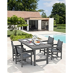 SERWALL 7 Piece Outdoor Dining Table Sets for 6 with 1 Umbrella Hole Cut-Out Rectangular Table and 6 Textilene Chairs, HDPE Dining Table Sets for Garden, Backyard, Poolside, Gray