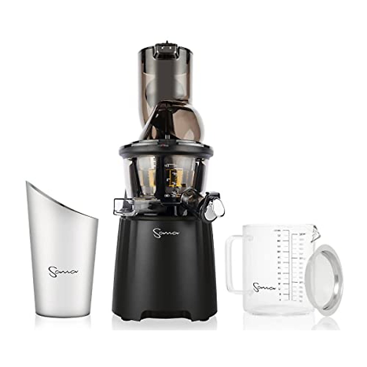 Sana Wide Mouth Premium Cold Pressed Vertical Juicer | Patented Trap Door System | Includes 2 Premium Accessories | 240W High Torque Motor | 15 Year Warranty (Black)