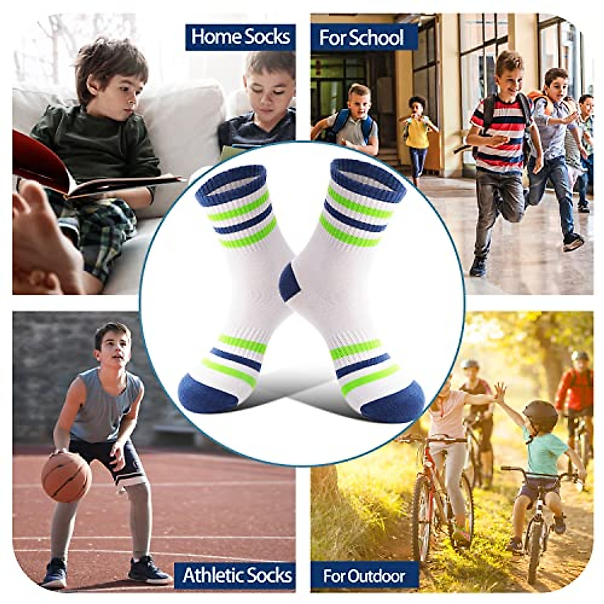 Welwoos Kids Boys Socks Athletic Sport Crew Cotton Breathable Soft Gift Socks 6 Pairs Stocking Stuffers (Splice/Green/White,9-15Y)