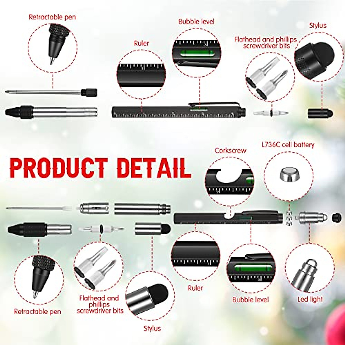 Christmas Stocking Stuffers 9 in 1 Multitool Pen Set Christmas Gifts with Buffalo Plaid Drawstring Bag for Men Dad Teens Boyfriend Husband Birthday Father's Day