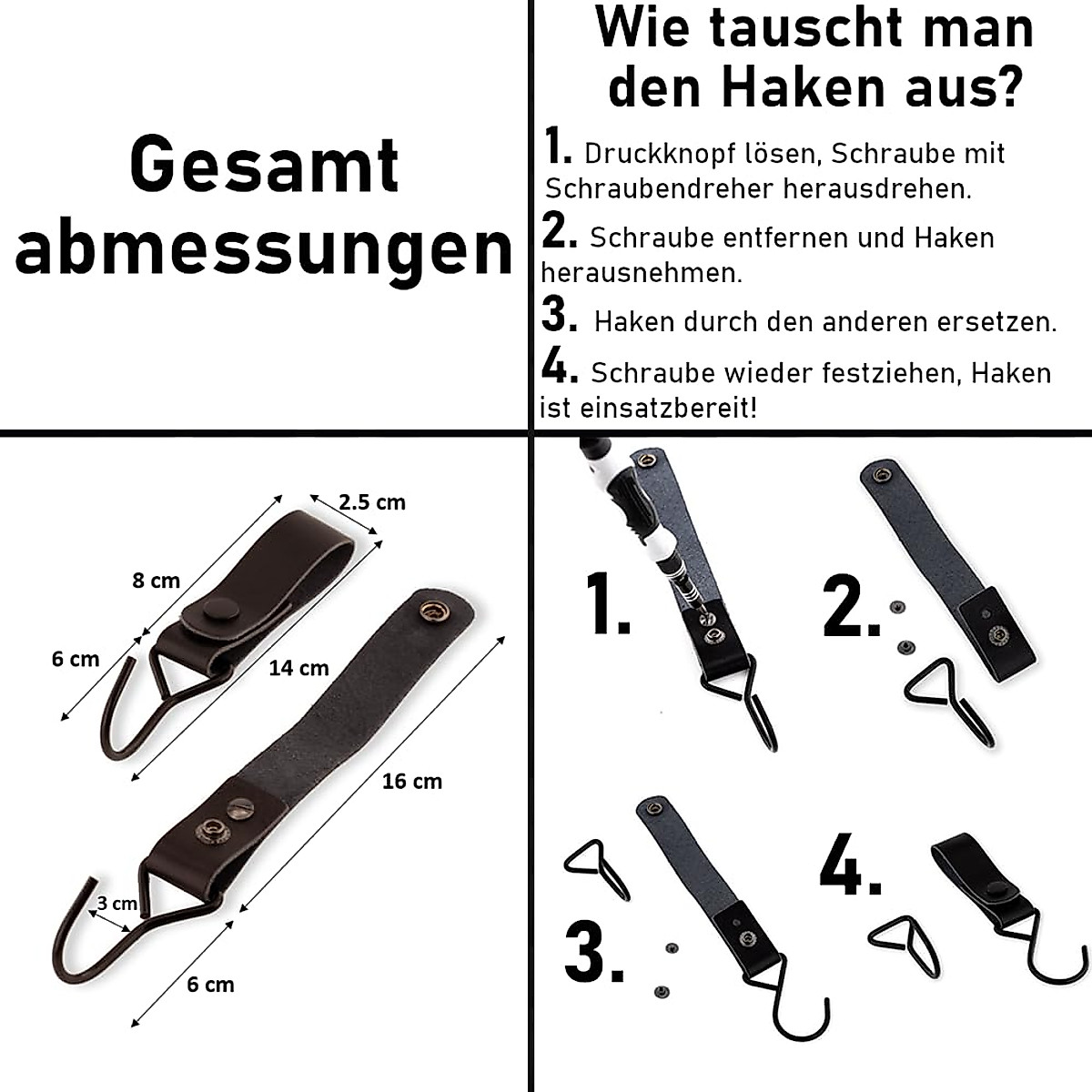 Brute Strength - Leather Straps with Hooks - Cognac - 2X - Full Grain Leather - Mommy Hook - Stroller Clip - Bag Hook - Leather Hooks - Leather s Hooks - Black s Hooks - Similar to S-Hooks