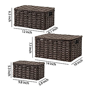 Motifeur Hand-woven Paper Rope Rectangular Baskets With Lids, Multi-purpose Stackable Utility Organizers with Built-in Handles (Set of 3, Brown)