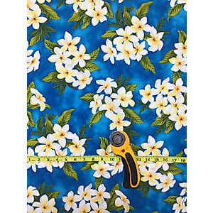 Turquoise Plumerias Hawaiian Print Fabric Sold by The Yard
