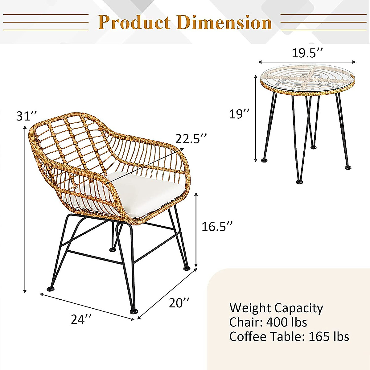 topment Bistro Table and Chairs Set of 2, Outdoor Patio Rattan Chair & Tempered Glass Coffee Table Set w/Removable Washable Beige Cushion Cafe Set for Indoor Balcony, Poolside, Garden (Pale Brown)