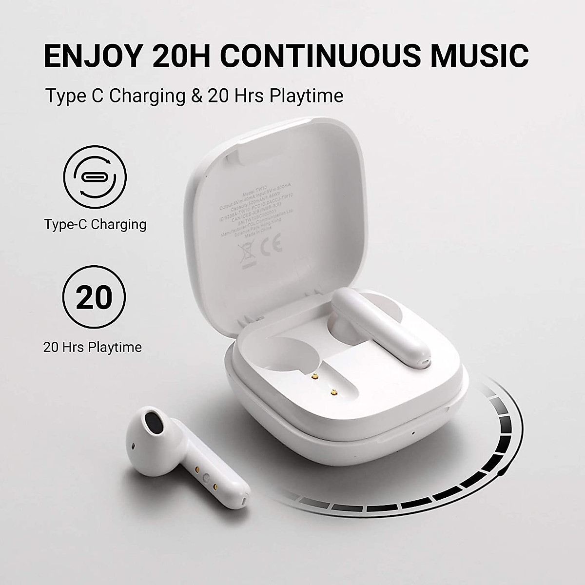 TCL S150 True Wireless Earbuds, Deep Bass with 13mm Drivers, Bluetooth 5.0 Headphones, Type C Charging Case, Noise Isolation, Waterproof Touch Control Wireless Earphones with Mic for Work, White