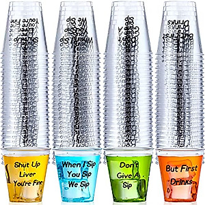 Tanlade 100 Pcs Clear Plastic Shot Glasses 2 oz Disposable Mini Plastic Cups Food Sample Communion Cup Small Containers for Sauce Dessert Wine Sample Tasting Birthday Wedding Party, 4 Styles (Naughty)