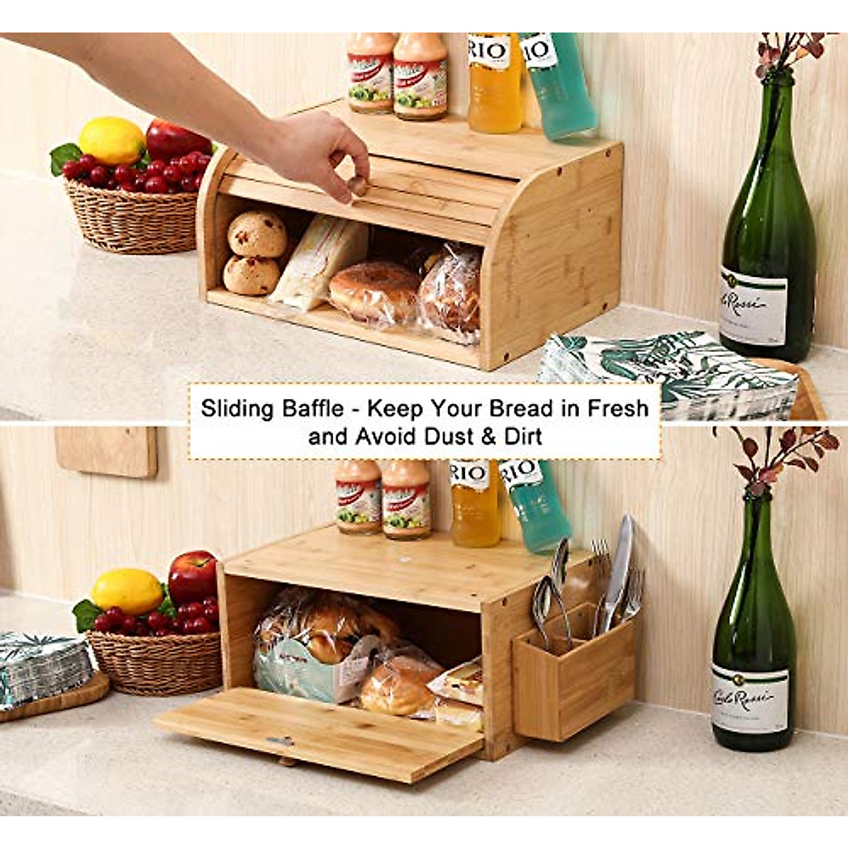 TQVAI Natural Bamboo 2 Layer Large Bread Box for Kitchen Counter Wood Bread Storage Container - Can Use as 2 Individual Bread Bin - Assembly Required, Original