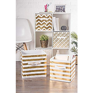 DII Non Woven Polyester Metallic Diamond Storage Bin, Small Set of 2, White/Gold