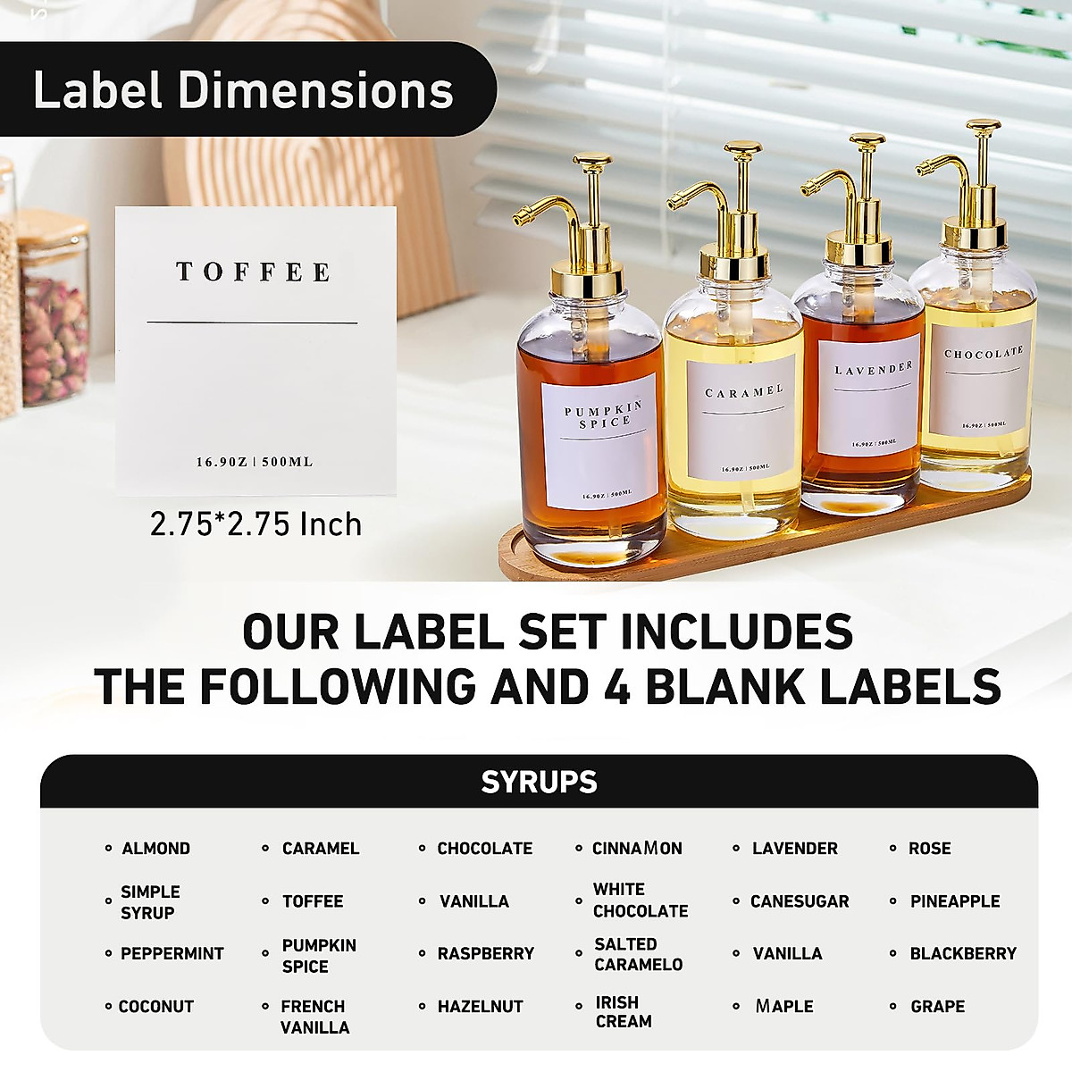 HSIOHE Coffee Syrup Dispenser for Coffee Bar,4 Pack Syrup Dispenser 16.9 oz 500 ml, Glass Syrup Bottle with Gold Upgraded Pump, Coffee Syrup Pump Dispenser, 28 Labels and Large Bamboo Tray