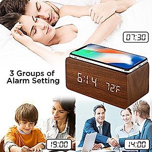 OCT17 Alarm Clock with Qi Wireless Charging Pad Compatible with iPhone Samsung Wood LED Digital Clock Sound Control Function, Time Date, Temperature Display for Bedroom Office Home- Brown