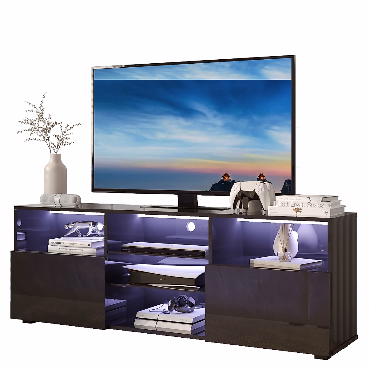 LED TV Stand for 50/55 inch TV, Television Table Center Media Console with Drawer and Led Lights, High Glossy Modern Entertainment Center for Living Game Room Bedroom, Black